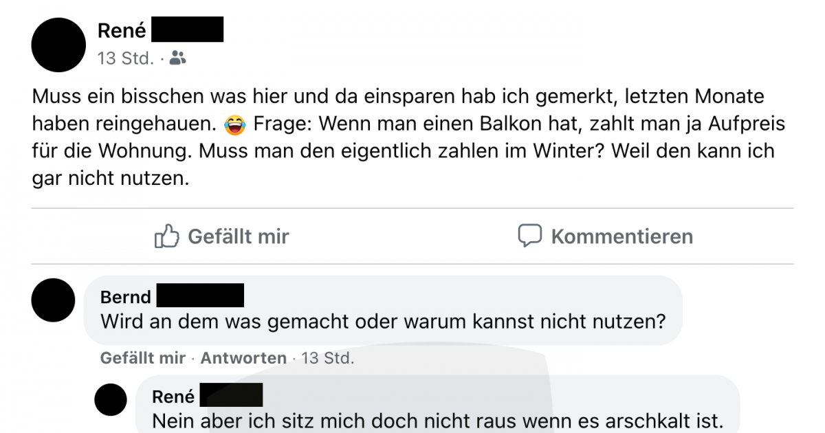 Der Sparfuchs auf dem Balkon - Facebook Fail des Tages 08.01.2024 ...